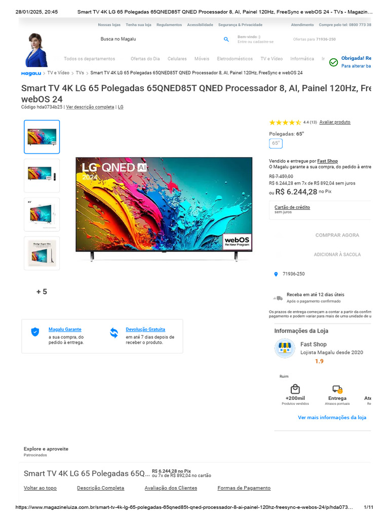Smart TV 4K LG 65 Polegadas 65QNED85T QNED Processador 8, AI, Painel ...