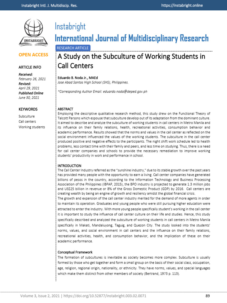 (RRL RESEARCH) A Study On The Subculture of Working | PDF | Focus Group | Call Centre