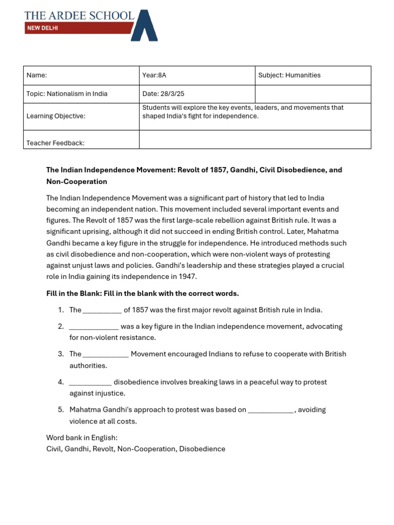 Worksheet On Nationalism in India | PDF | Indian Independence Movement ...