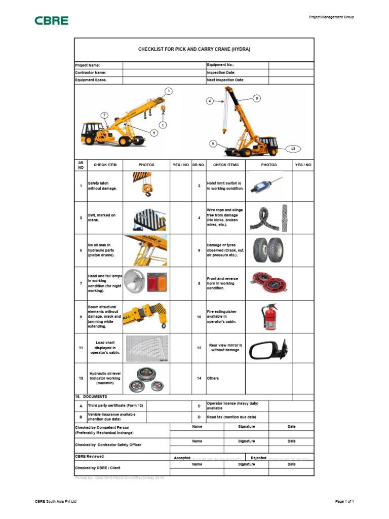 K042-Pic-Pick and Carry Crane (HYDRA) Checklist.xls | PDF | Crane ...
