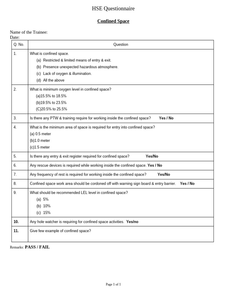 Confined Space Safety Questionnaire | PDF