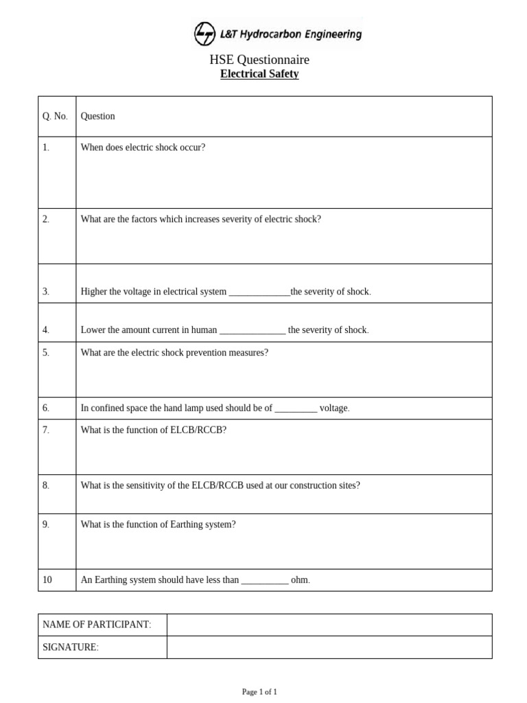 Questionnaire - Electrical Safety | PDF