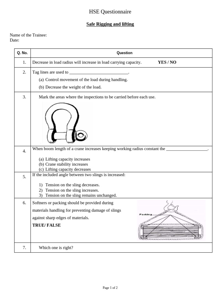 Questionnaire - Safe Rigging and Lifting | PDF