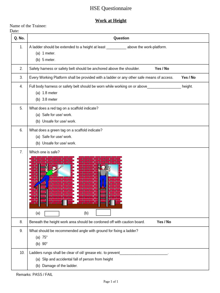 Work at Height Safety Questionnaire | PDF