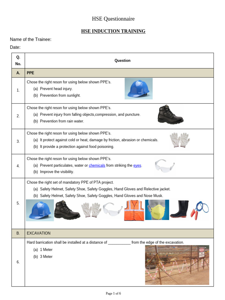 Questionnaire HSE Induction | PDF | Personal Protective Equipment | Fires