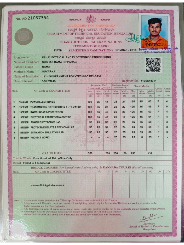 Diploma Marks Card | PDF