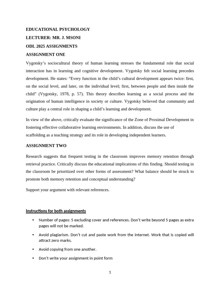 Educ Psychology Odl 2025 Assignments | PDF