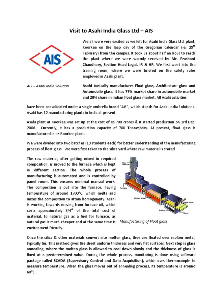 Industrial Visit to Asahi India Glass Limited | Glasses | Scada