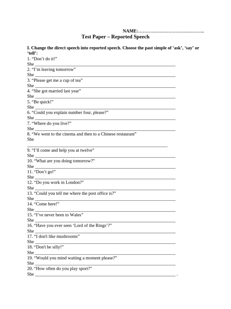 Test Paper-REPORTED SPEECH | PDF