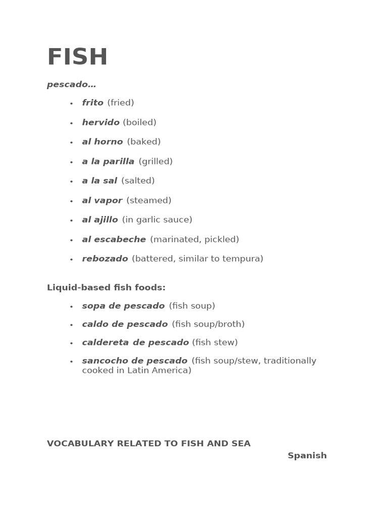 Vocabulario de Pescado y Mariscos | PDF