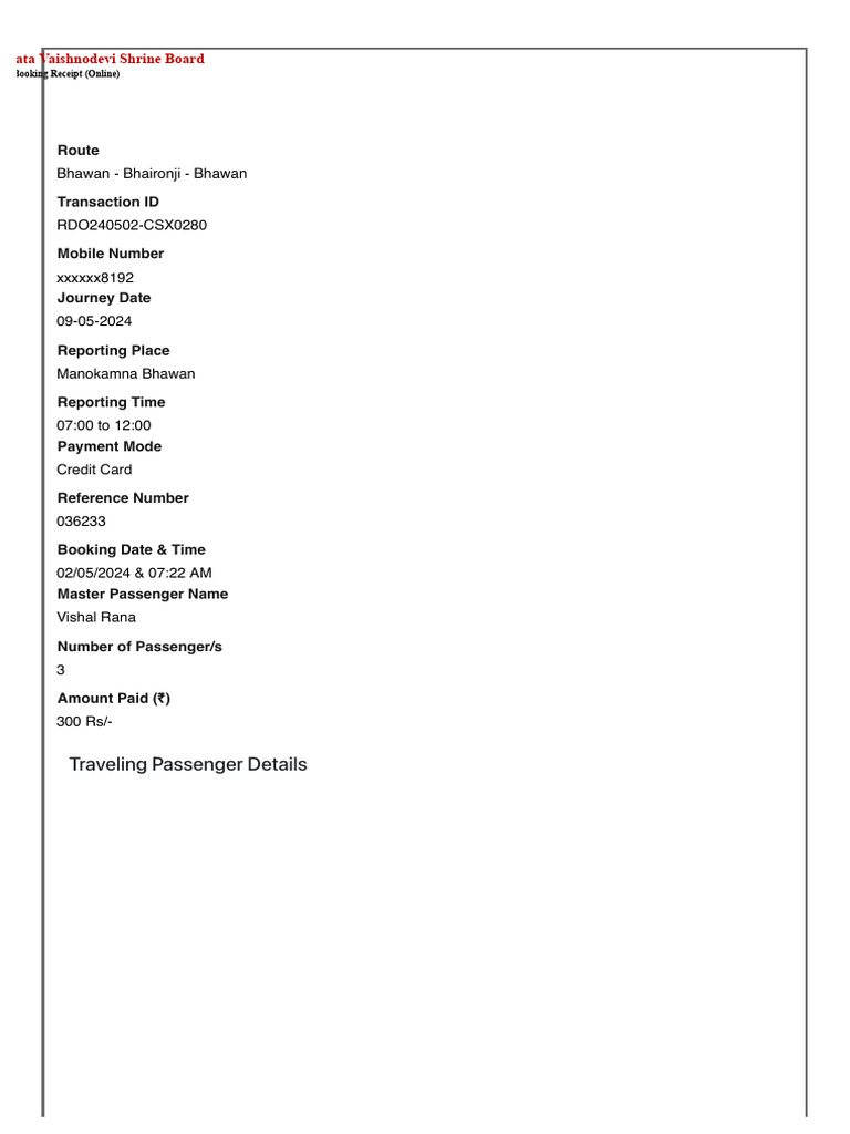 Vaishno Devi Ropeway Booking Details | PDF | Receipt | Payments