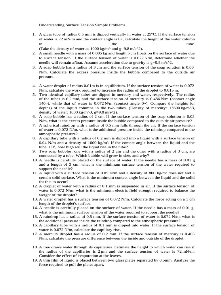 Understanding Surface Tension Sample Problems | PDF | Drop (Liquid ...