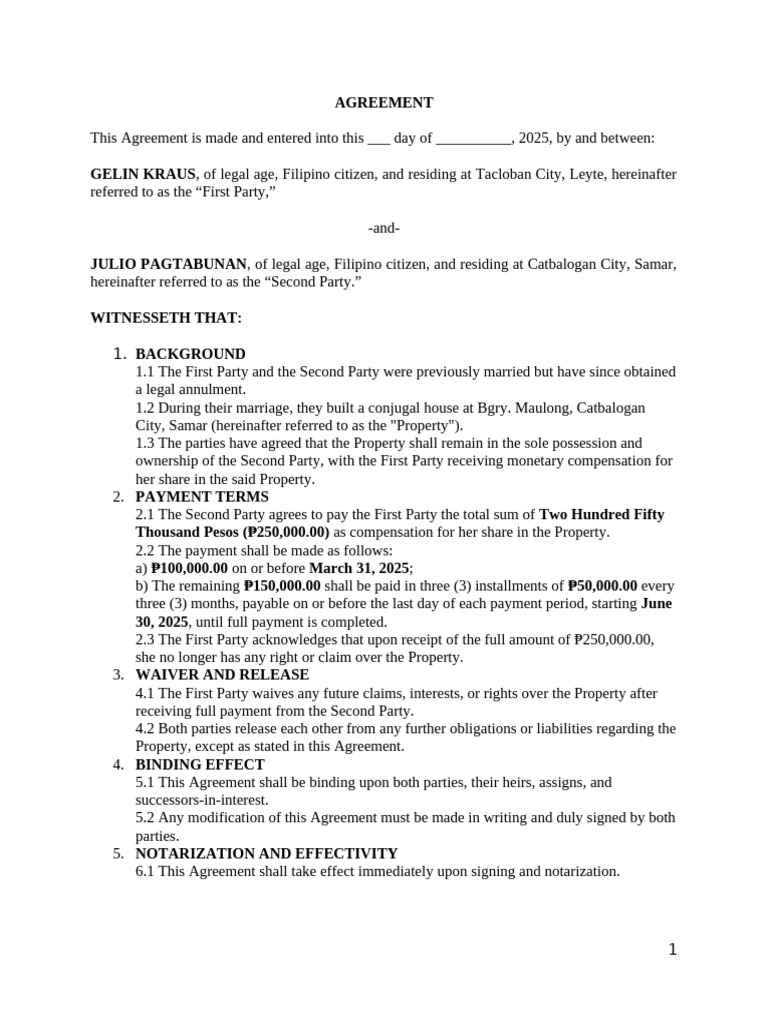 Property Settlement Agreement 2025 | PDF | Common Law | Private Law