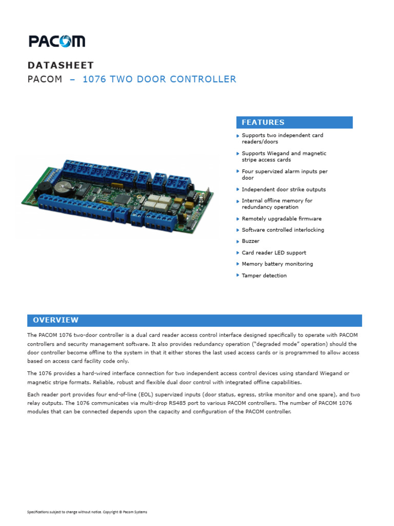 PACOM - 1076 2-Door Controller Datasheet | PDF | Access Control | Computing