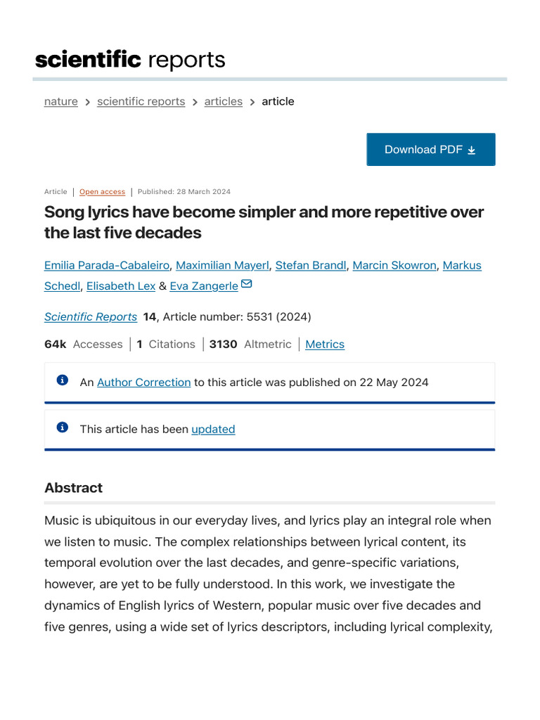 Song lyrics have become simpler and more repetitive over the last five decades | Scientific ...