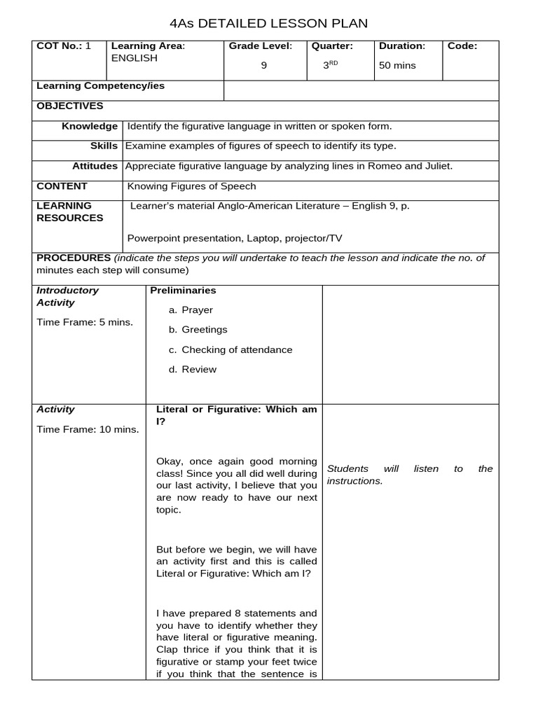 Lesson Plan on Figures of Speech | PDF | Human Communication