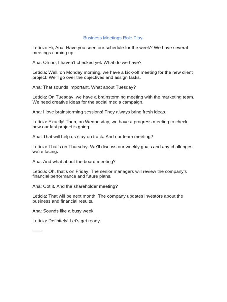 Business Meetings Role Play | PDF