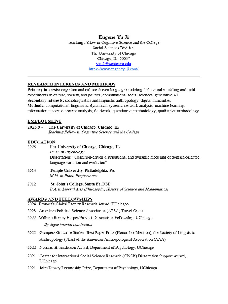 Ji, Eugene Yu - CV2024 - Nov | PDF | Social Sciences | Linguistics