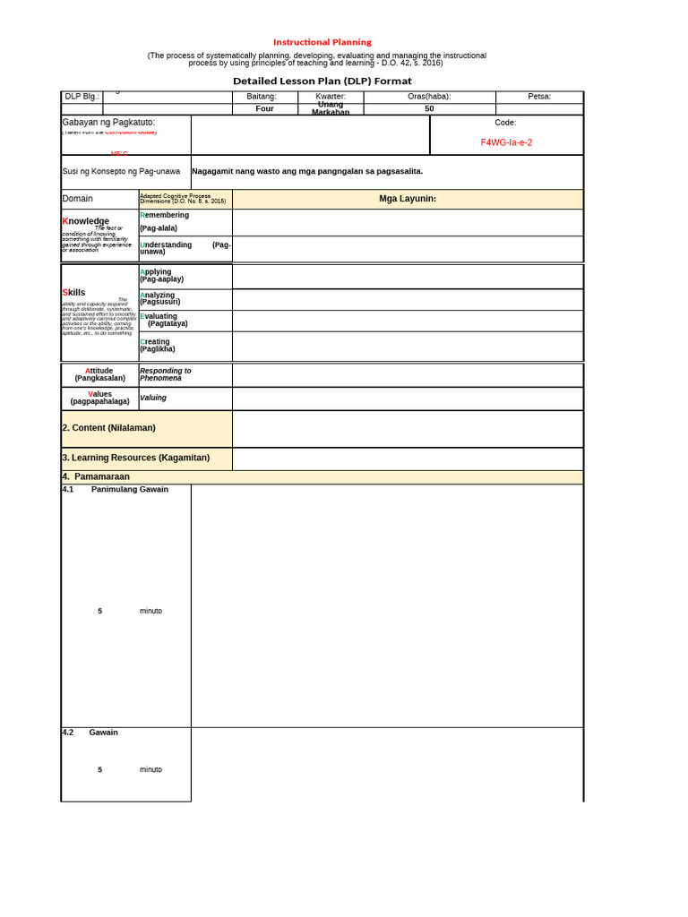 DLP Template Filipino 1 | PDF | Learning | Knowledge