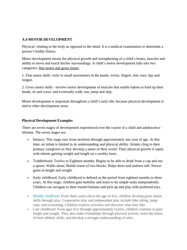 A.4 Motor Development | PDF | Adolescence | Infants