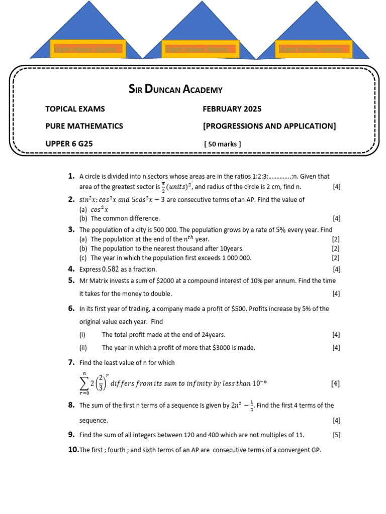 G25 TOPICAL TEST (Progressions and Application) | PDF | Numbers ...