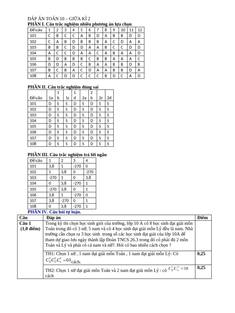 Đáp Án Toán 10 - Gk2 | PDF