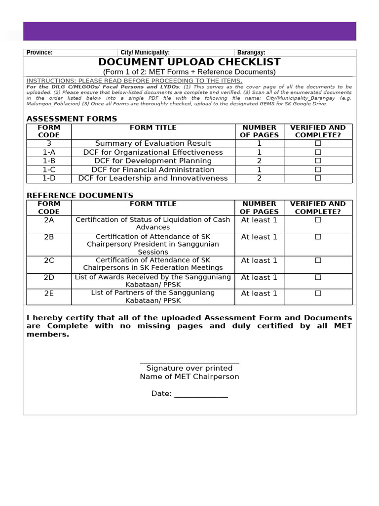 Form 5-A Document Upload Checklist - SK Councils v2 | PDF