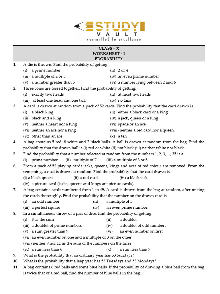 X Maths Worksheet-1 (Probability) GGN | PDF | Probability | Playing Cards