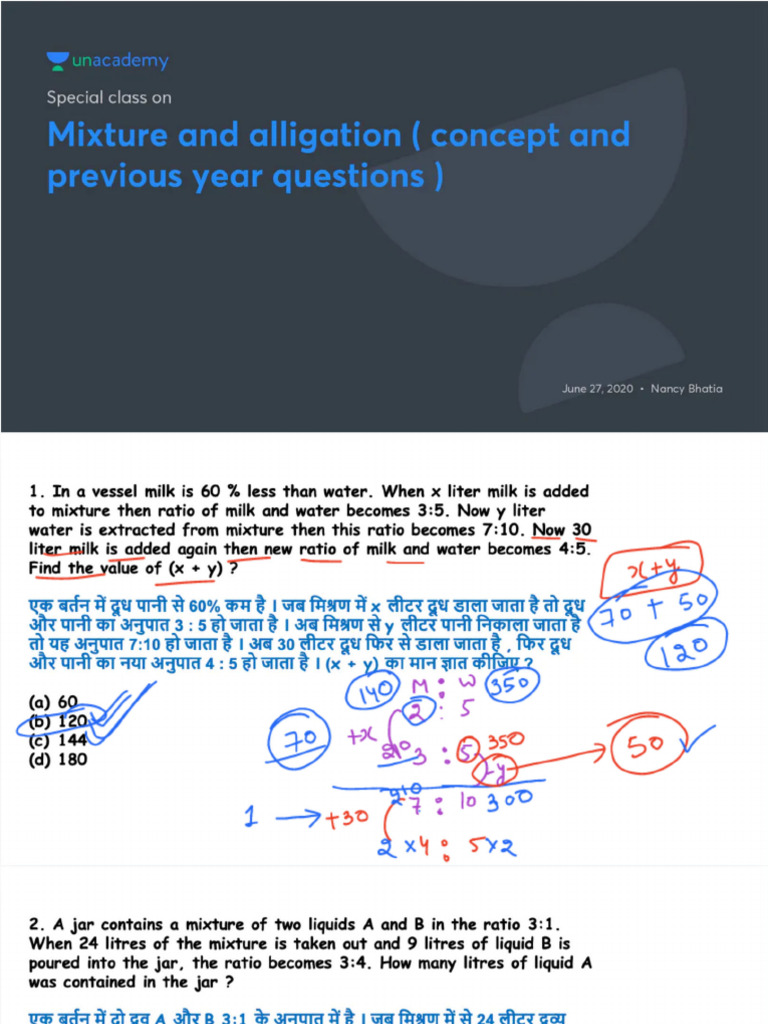 Mixture And Alligation Concept And Previous Year Questions With Anno