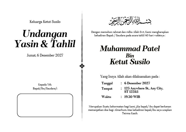 Hitam & Putih Minimalis Kartu Undangan Yasin & Tahlil - 20250401 ...