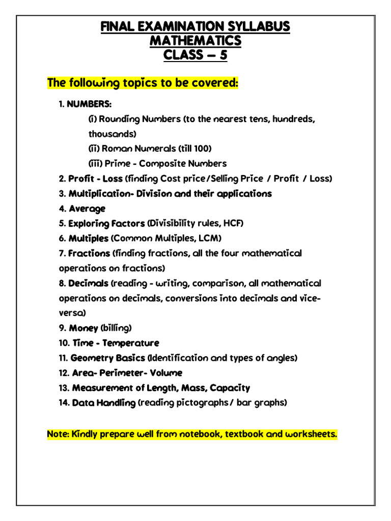 FINAL SYLLABUS MATHEMATICS CLASS 5 | PDF