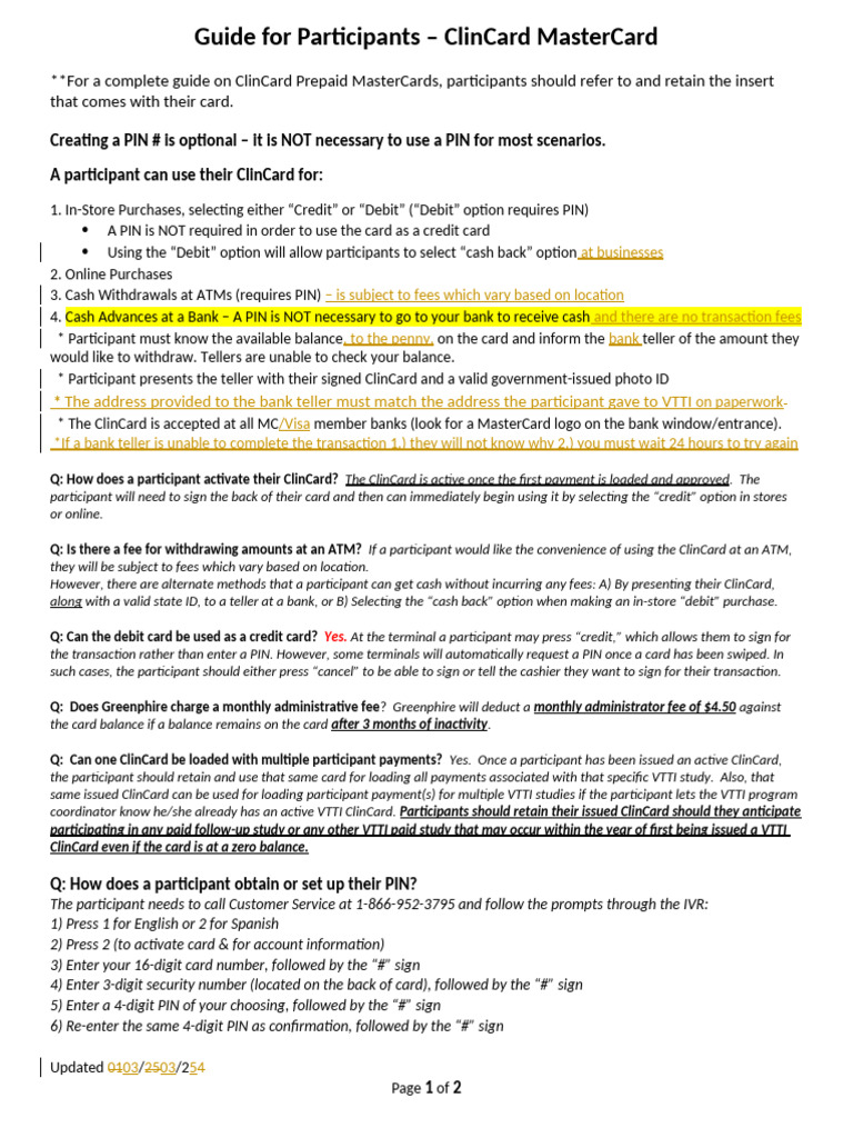 ClinCard Guide For Participants - Updated 03.03.25 | PDF | Debit Card ...
