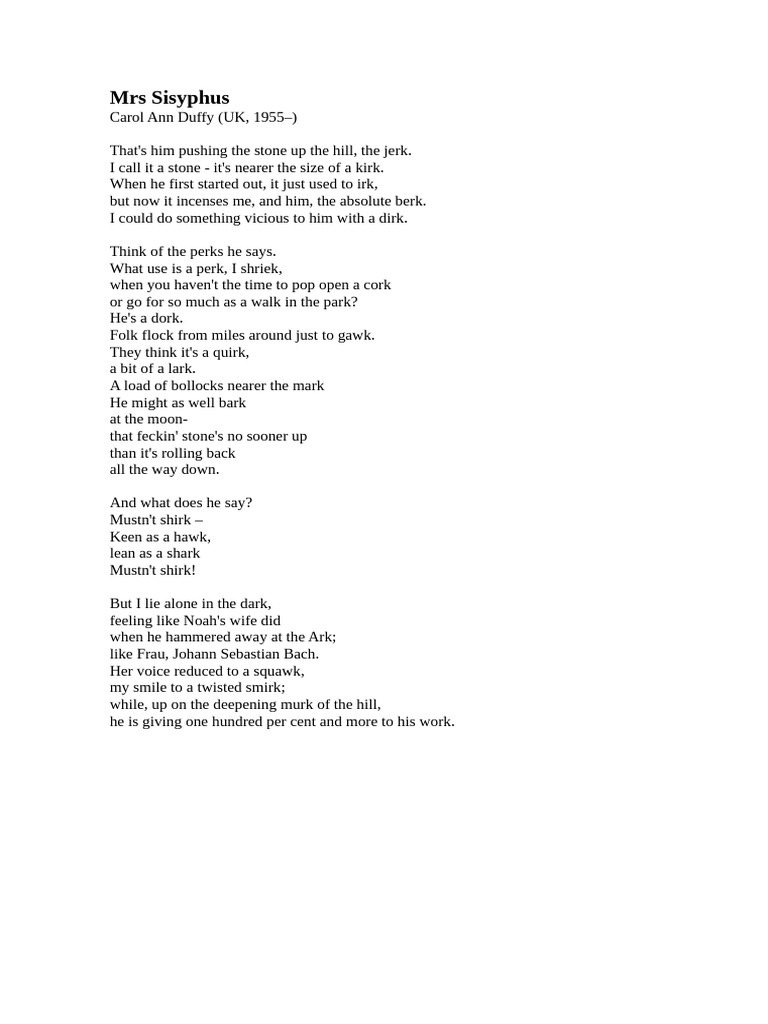 DUFFY, Carol Ann. Mrs Sisyphus | PDF