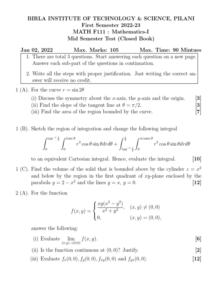 BITS Pilani Math-I Mid Semester Test 2022 | PDF | Cartesian Coordinate ...