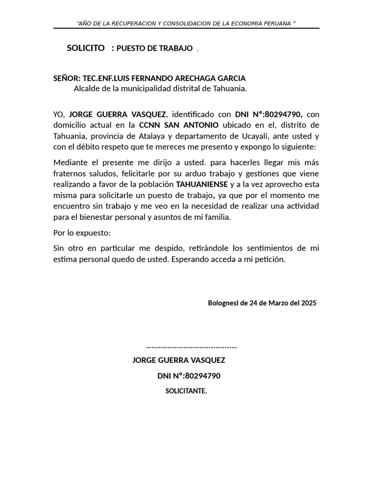SOLICITO PUESTO DE TRABAJO 2025 | PDF