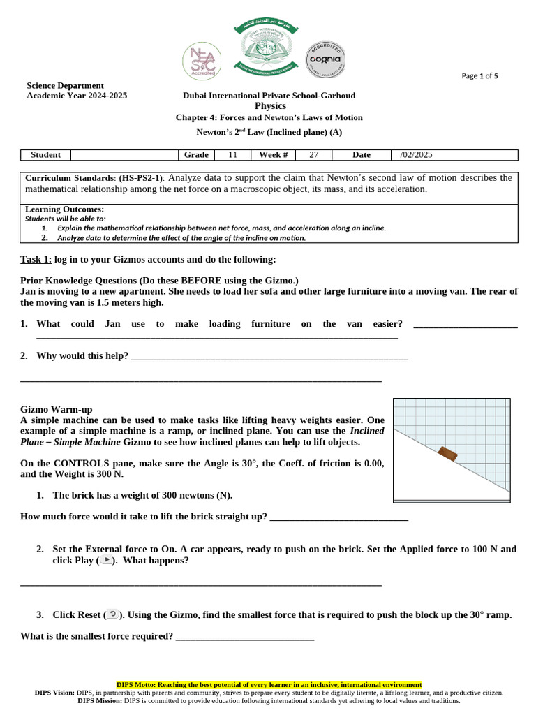 WK 27 P1 Newton's 2nd Law Inclined Worksheet A | PDF | Trigonometric ...