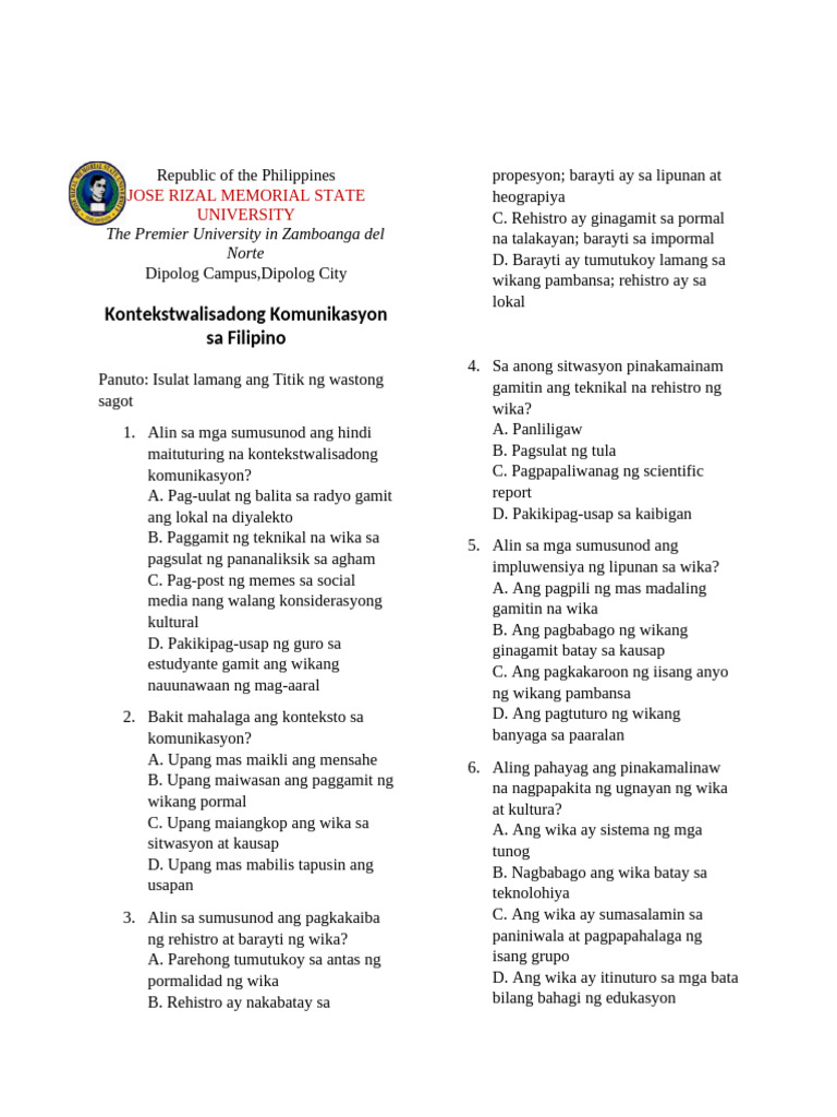 Kontekstwalisadong Komunikasyon Sa Filipino REV5EW | PDF