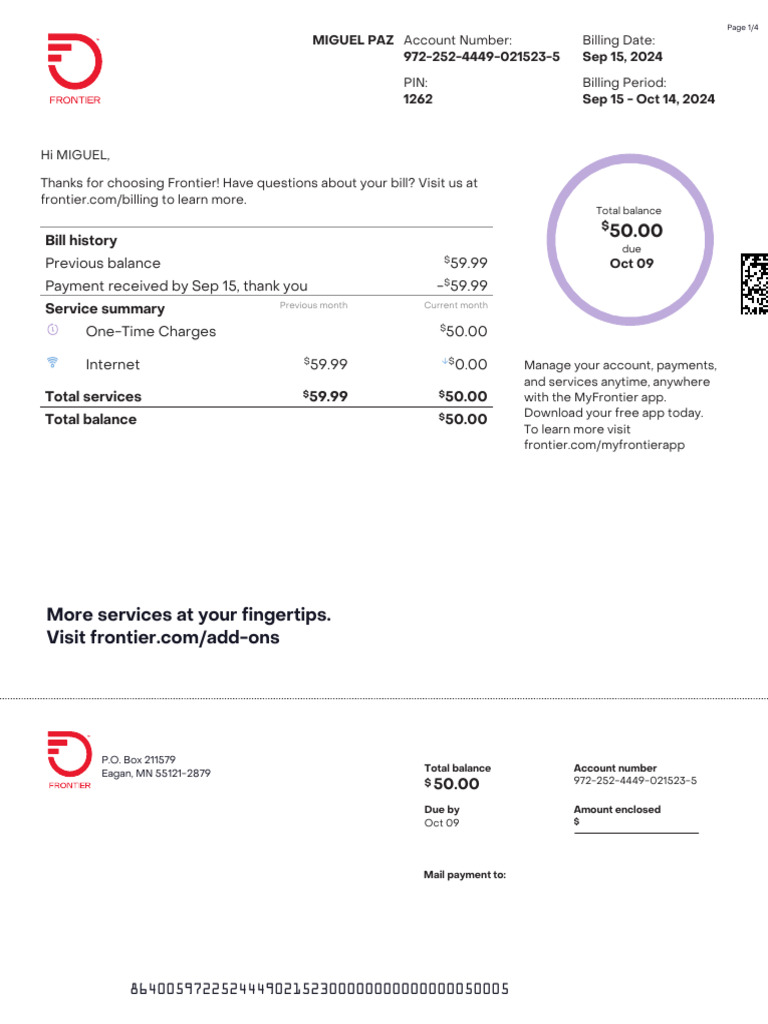 MyFrontier Bill September 15 2024 | PDF | Fee | Service Industries