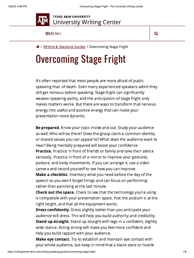 Overcoming Stage Fright - The University Writing Center | PDF | Human ...