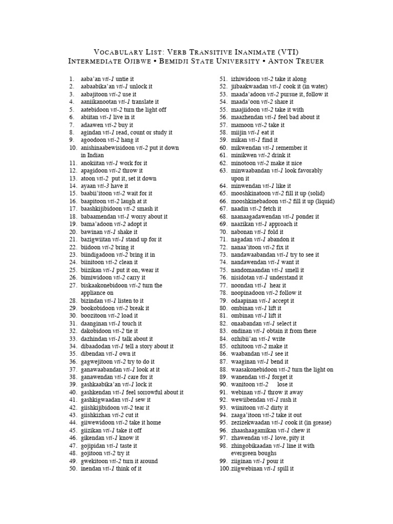 Inanimate Verbs in Ojibwe Language | PDF