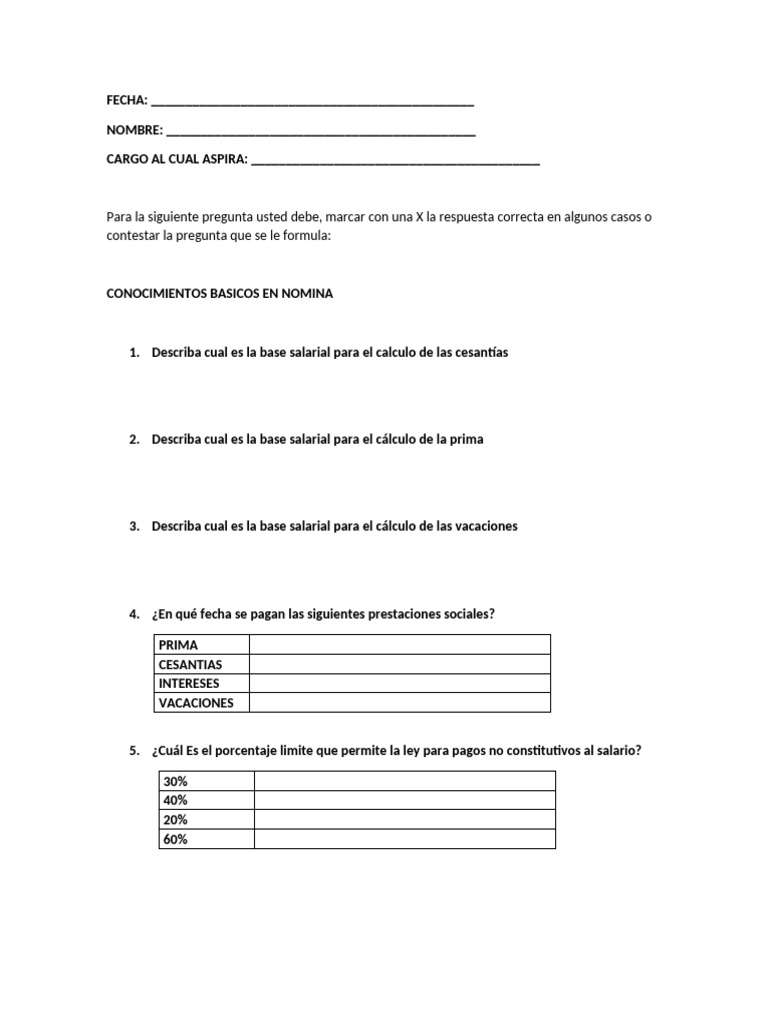 PRUEBA SQA ANALISTA DE NOMINA (2) | PDF | Salario | Economias