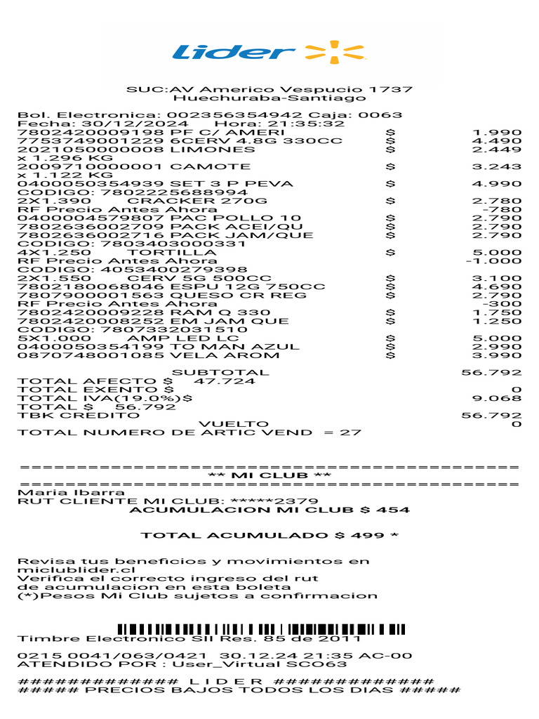 Boleta de Compra - Lider 30/12/2024 | PDF