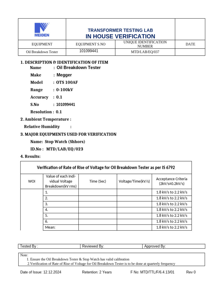 In House Verification - Oil BDV | PDF | Electric Power | Electronics