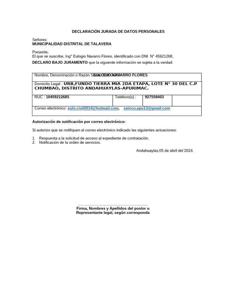 Declaración Jurada de Datos Personales | PDF