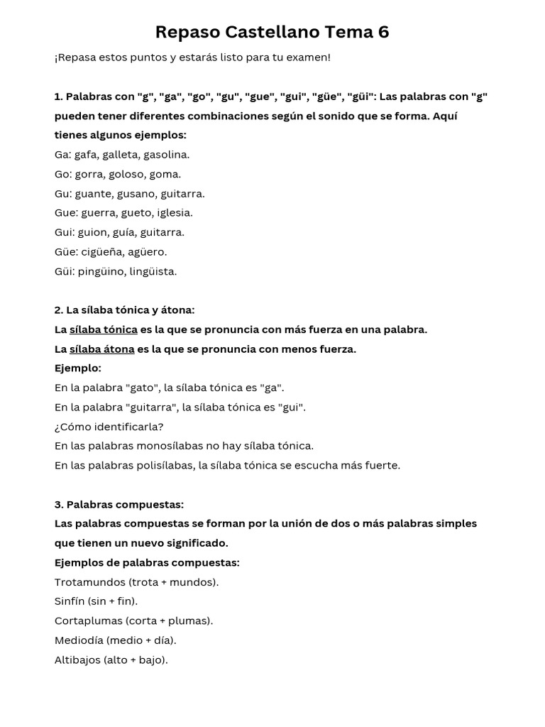 Resumen para estudiar 1. Palabras con g, ga, go, gu, gue, gui, güe, güi ...