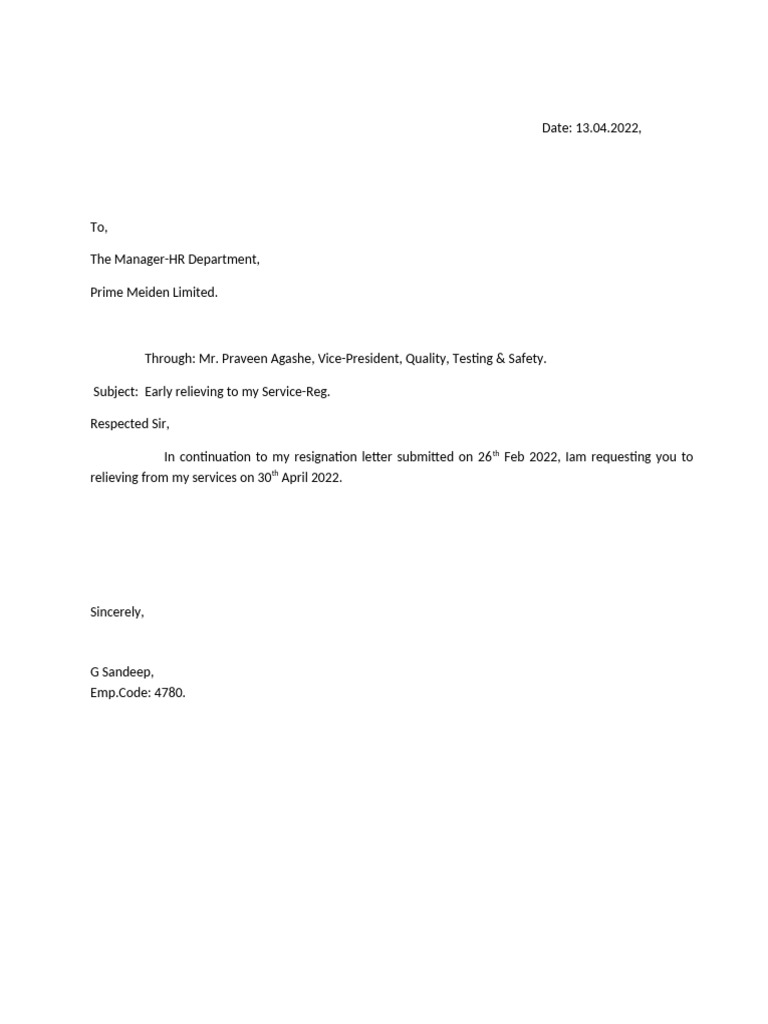 Request for Early Relieving Notice | PDF