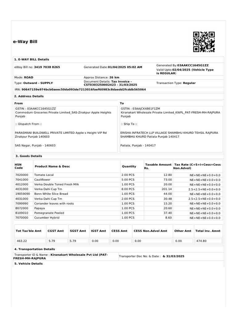 Eway - Bill - 2025 03 31T23 31 32.825836 - 0kydr | PDF | Government Finances | Taxation