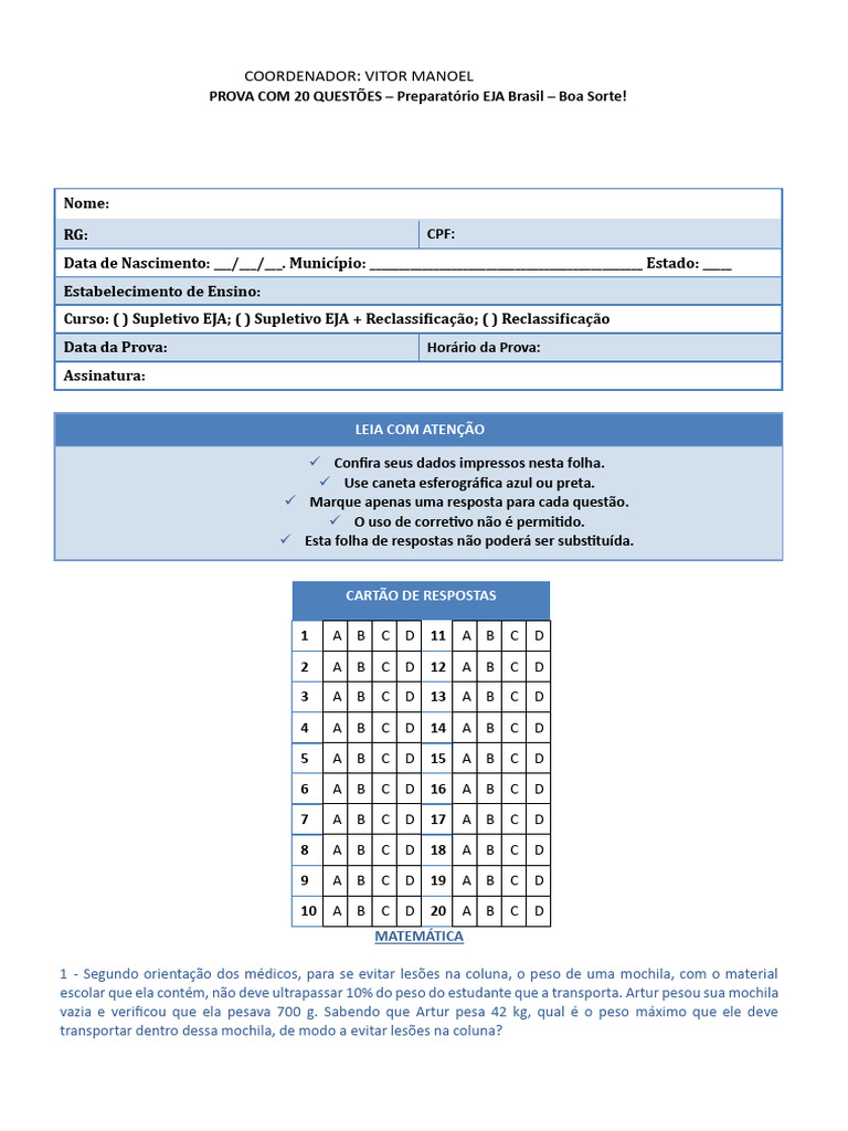 PROVA EJA PRO EXCEL CURSOS E TREINAMENTO.. | PDF | Nervo | Elétron