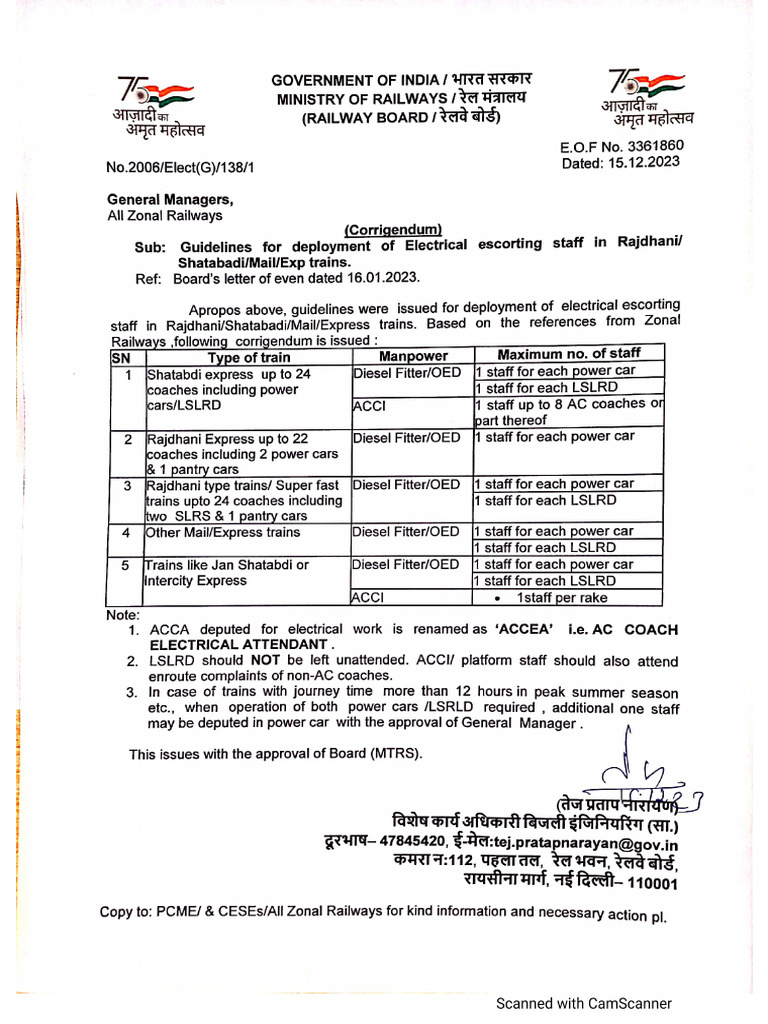 Corrigendum Guidelines For Deployment of Escorting Staff in Trains | PDF
