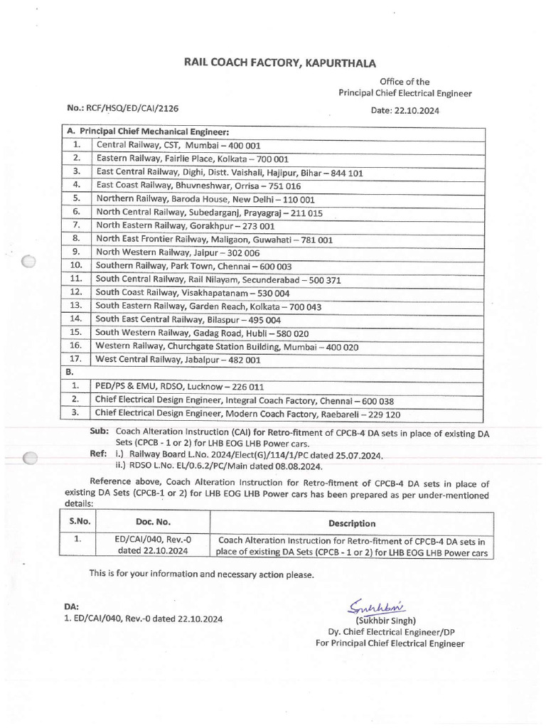 Coach Alteration Instructions For Replacement of Existing DG Sets With CPCB IV Engines | PDF ...